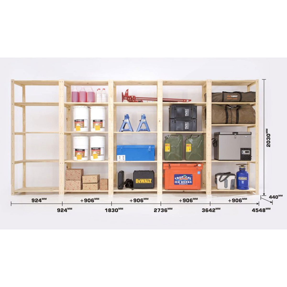 5 Bay DIY Wooden Shelving with 5 levels of Premium Shelves (2.4m High ...